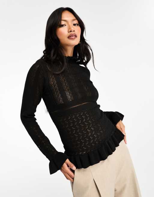 Vila - Top en maille au crochet à col montant - Noir | ASOS