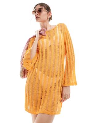 Vila – Weitmaschiges Strick-Strandkleid zum Überziehen in leuchtendem ...