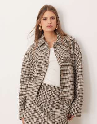 Vila wool-textured houndstooth check blazer co-ord in brown | ASOS