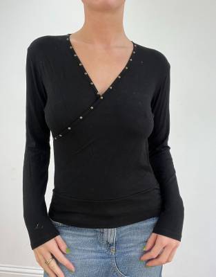 Vintage v neck studded top in black | ASOS