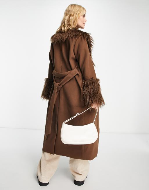 Violet Romance belted longline coat with faux fur trims in chocolate brown | ASOS