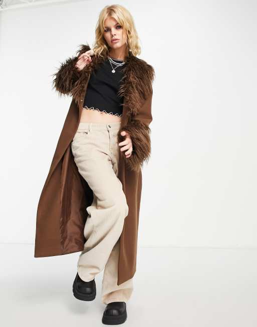 Violet Romance belted longline coat with faux fur trims in chocolate brown | ASOS