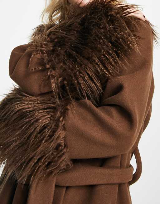Violet Romance belted longline coat with faux fur trims in chocolate brown | ASOS