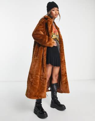 Violet Romance Longline Faux Fur Coat In Copper | ModeSens