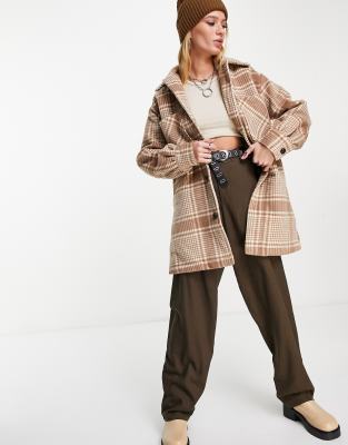 Violet Romance Longline Shacket In Tan Check-brown | ModeSens