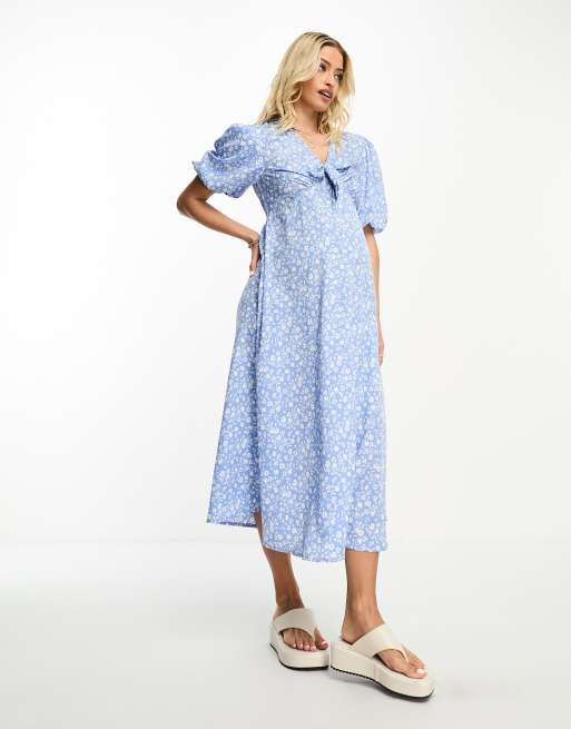 Violet Romance Maternity puff sleeve midi dress with tie front in blue ...