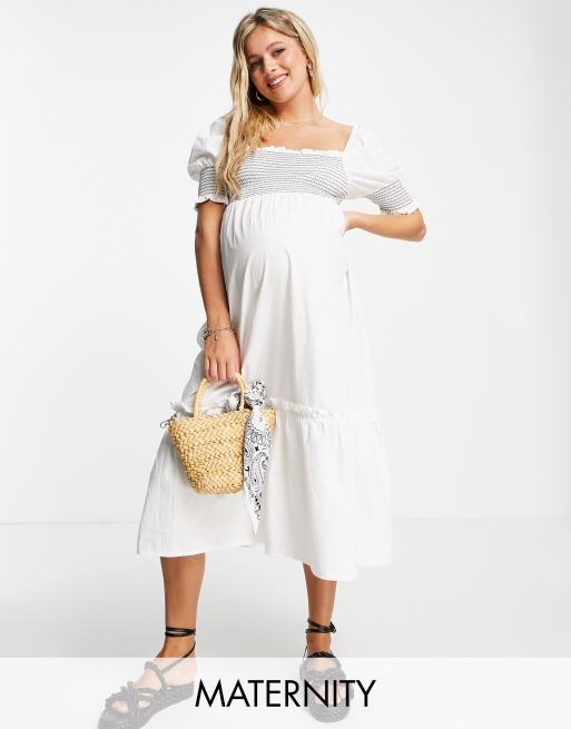 Violet Romance Maternity - Robe mi-longue smockée en popeline de coton - Blanc | ASOS