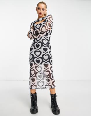 Violet Romance mesh cut out midi dress in heart print | ASOS