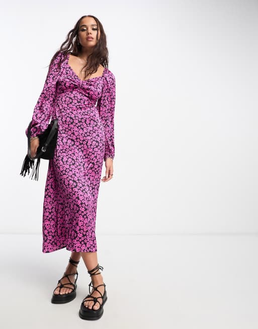 Violet Romance - Midi-jurk van satijn met bloemenprint in roze | ASOS