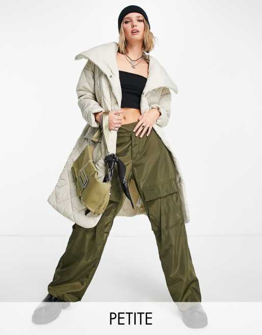 Violet Romance Petite quilted shawl neck longline coat with belt in stone | ASOS