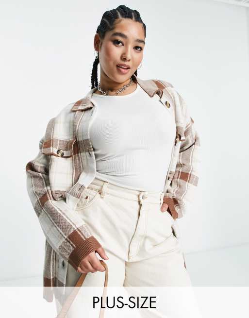 Violet Romance Plus knitted button up shirt in neutral check | ASOS