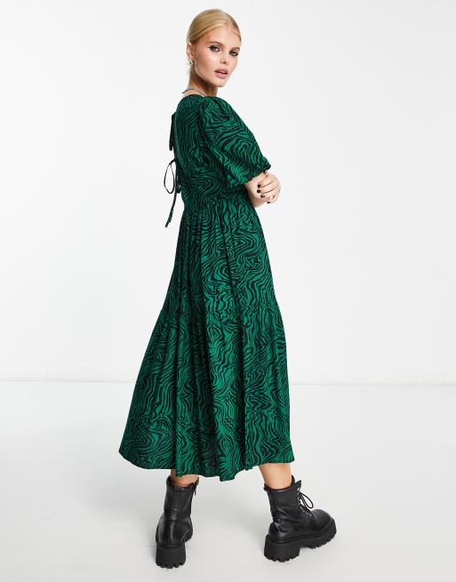 Violet Romance puff sleeve midi dress in green animal print | ASOS