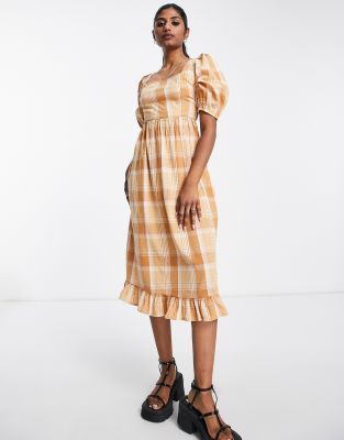 Violet Romance Puff Sleeve Midi Dress In Plaid-multi | ModeSens