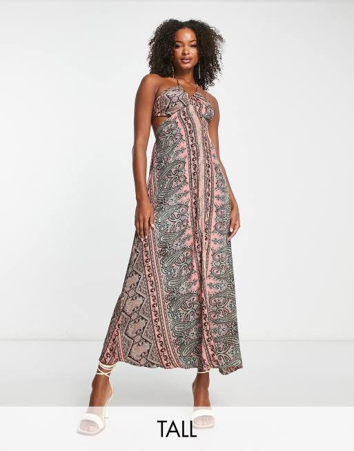 Violet Romance Tall Halterneck Tie Back Midaxi Dress In Paisley Print
