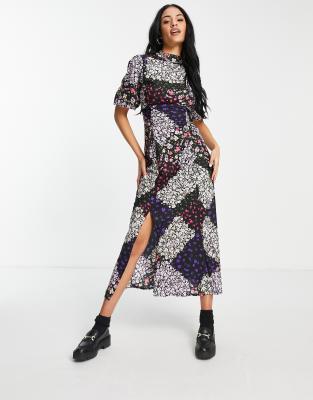 Violet Romance Tall Puff Sleeve Midi Dress In Patchwork Floral Print ...