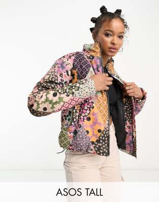 Violet Romance Tall Quilted Puffer Jacket In Patchwork Print Multi