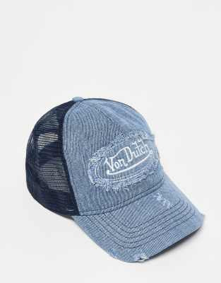 Von Dutch distressed denim trucker cap in blue | ASOS