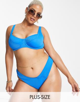 We Are We Wear Plus Ashley V Front High Leg Bikini Bottom In Blue Rib | ModeSens