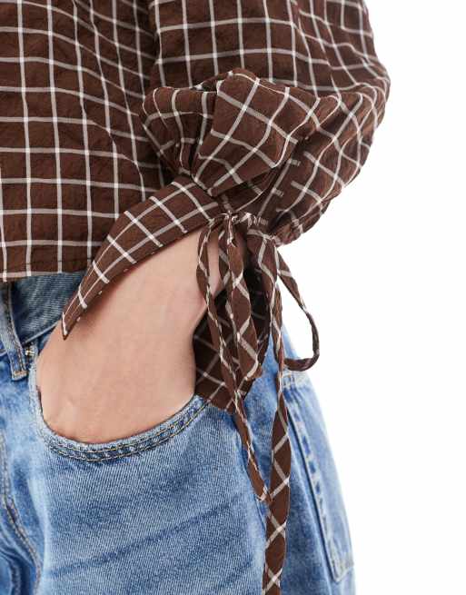 Wednesday's Girl check print collar detail blouse in brown | ASOS