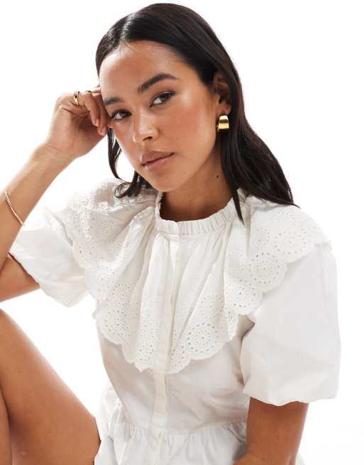 Wednesday's Girl collared cotton puff sleeve blouse in white | ASOS