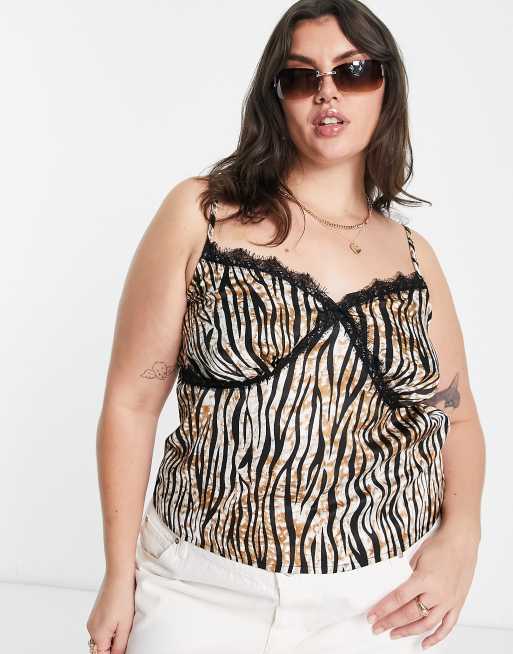 Wednesday's Girl Curve - Caraco d'ensemble en satin avec bordures en dentelle et imprimé ...