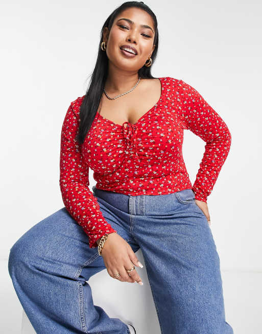 Wednesday's Girl Curve ditsy floral tie detail top in multi | ASOS