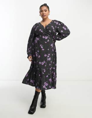 Wednesday's Girl Curve ditsy spot tie-back wrap midi dress in violet and black | ASOS