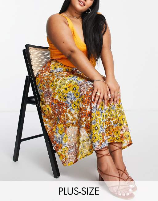 Wednesdays Girl Curve Jupe Mi Longue Orange Fleuri Asos