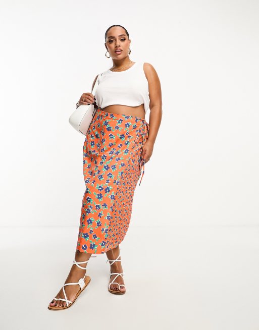 Wednesday's Girl Curve - Midi-rok met bloemenprint en overslag in oranje | ASOS