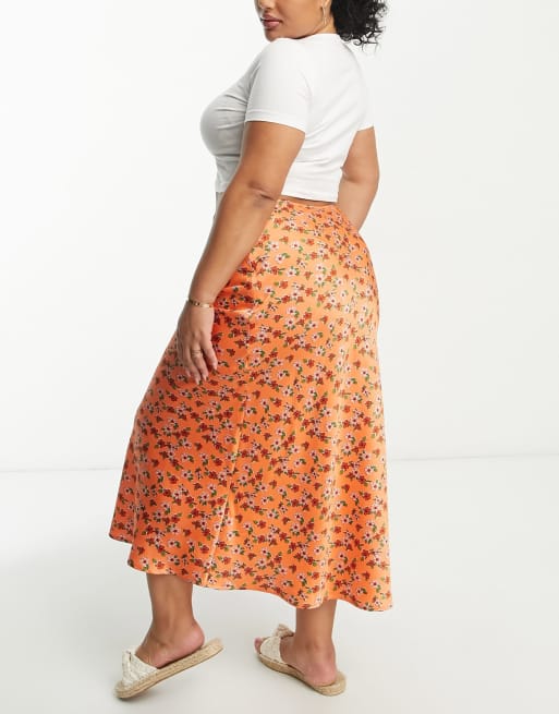 Wednesday's Girl Curve satin slip skirt in spring orange floral | ASOS