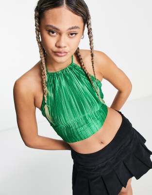 Wednesday's Girl halter neck plisse top in green | ASOS