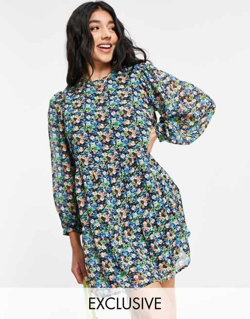 Wednesdays Girl Long Sleeve Mini Smock Dress With Full Skirt In