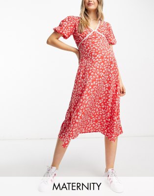 Wednesday's Girl Maternity - Midi jurk met overslag en fijne bloemenprint in rood | ASOS