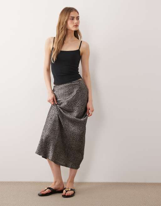 Wednesday's Girl midaxi micro spot lace detailed satin skirt in gray | ASOS