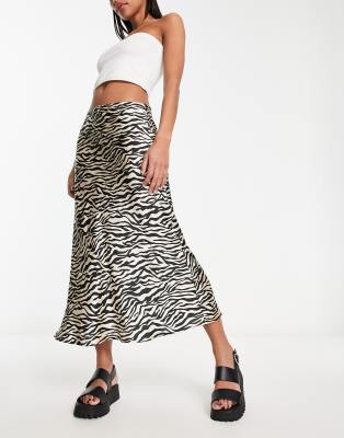 Wednesday's Girl midi satin slip skirt in cream and black zebra | ASOS