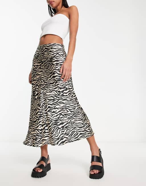 Wednesday's Girl midi satin slip skirt in cream and black zebra | ASOS