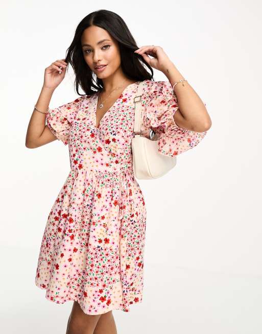 Wednesdays Girl Puff Wrap Mini Dress In Cream Vintage Ditsy Asos