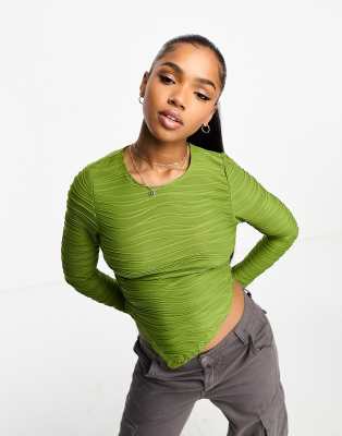 Wednesday's Girl rib detail asymmetric top in moss green | ASOS