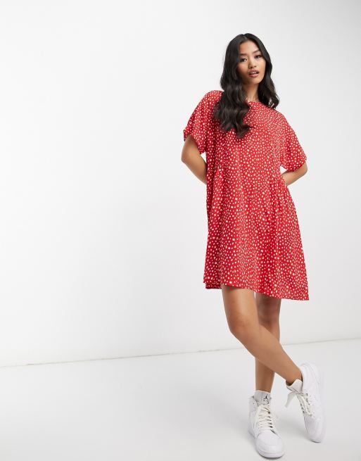 Wednesday's Girl smudge dot mini smock dress in red | ASOS