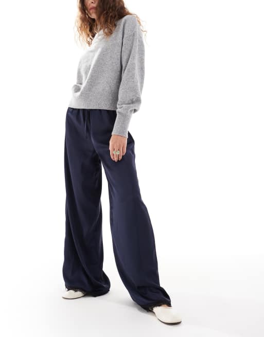 Wednesday's Girl tie waist satin wide leg laced pants in navy | ASOS