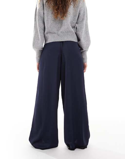 Wednesday's Girl tie waist satin wide leg laced pants in navy | ASOS