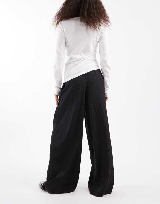 Wednesday's Girl tie waist satin wide leg pants spot jacquard in black ...