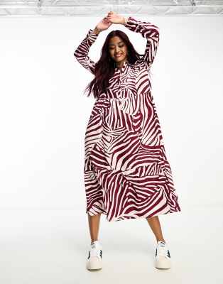 Wednesday's Girl zebra print tiered shirt dress in plum | ASOS