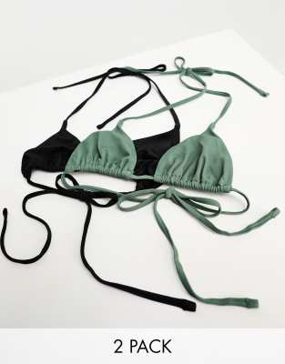 Weekday 2 pack of Cala triangle bikinis in black & khaki grey ...