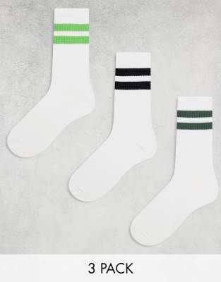 Weekday 3-pack sport socks in white with black and green stripe | ASOS