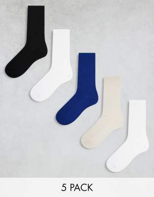 Weekday 5-pack ribbed socks in black white beige and blue | ASOS