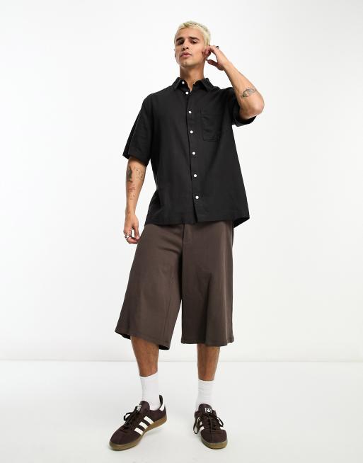 Weekday Camicia Comoda In Misto Lino Nera A Maniche Corte Asos