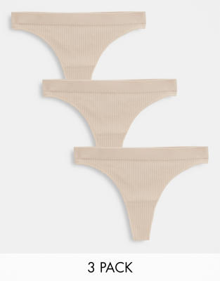 Weekday Cat ribbed 3-pack lingerie thongs in beige | ASOS