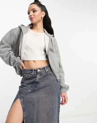 Weekday crop volume zip hoodie in grey melange | ASOS