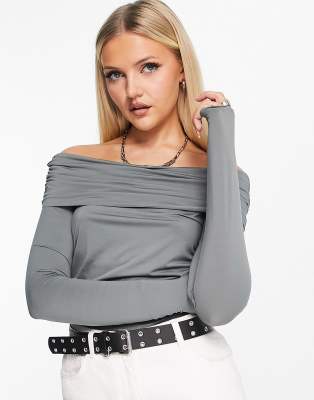 Weekday Daria folded long sleeve top in grey | ASOS
